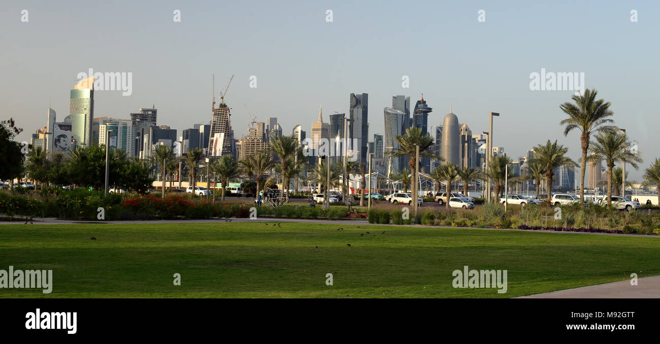 BIDDA PARK, Doha, Qatar - March 21, 2018: Panoramic view of the newly ...