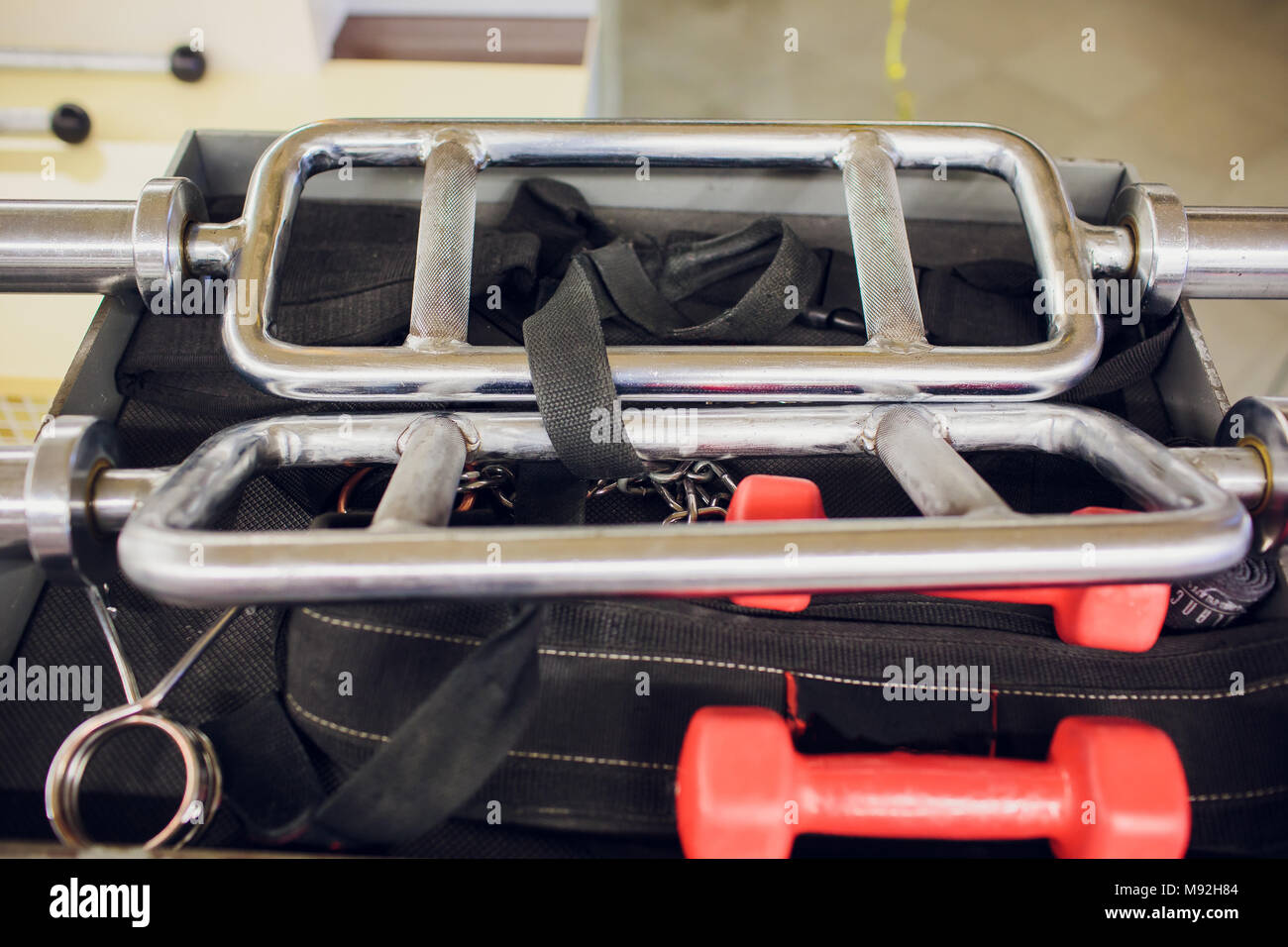 Fitness equipment for workout. Wide Bar Close grip bar for use back and ...