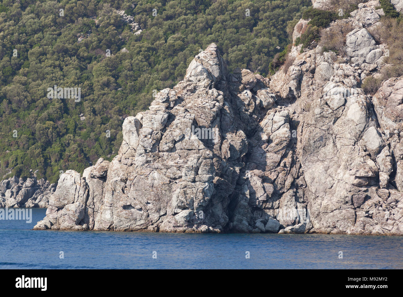Rocky cliff overgrown with bushes on the Mediterranean Sea near ...