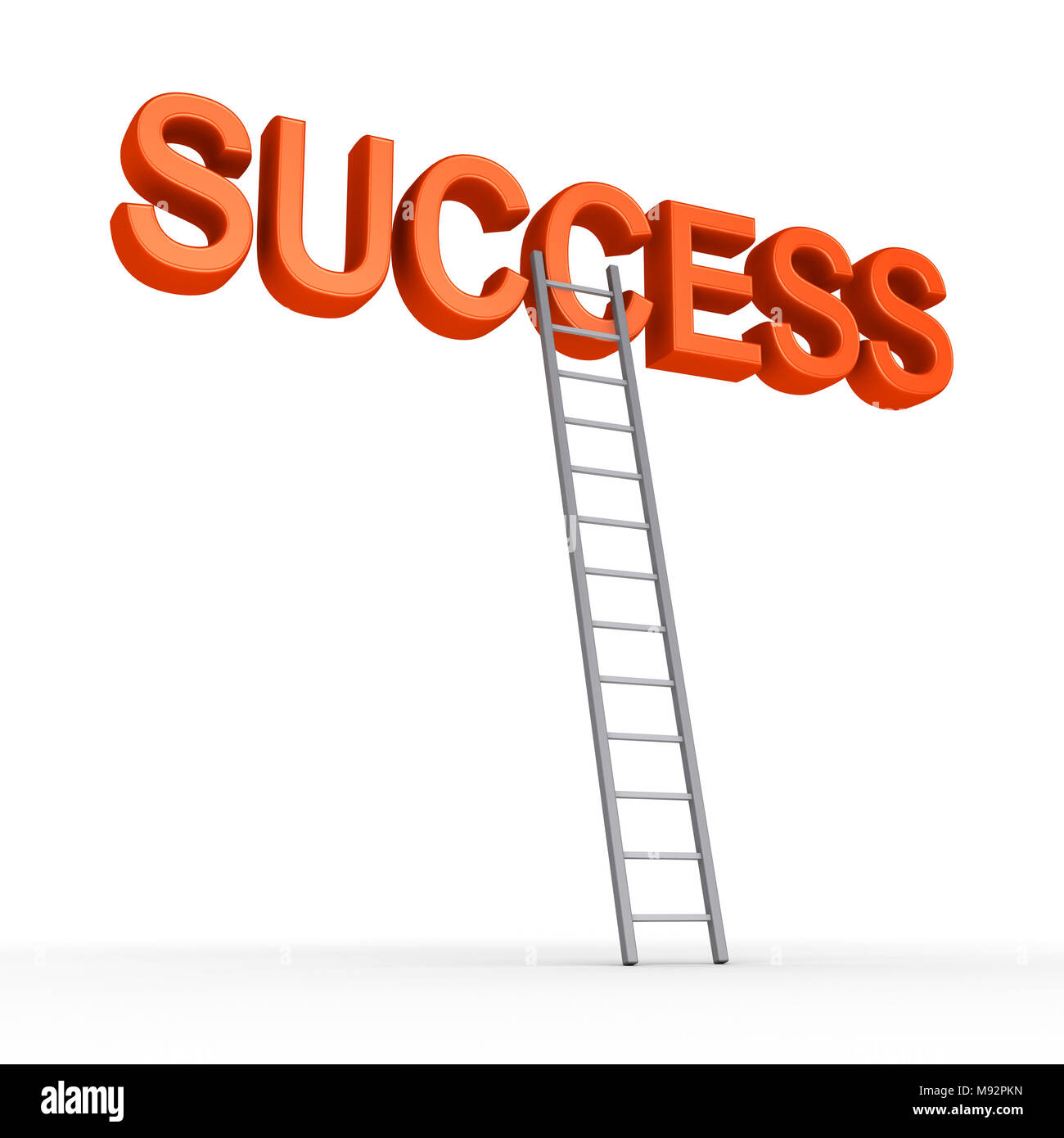 3d SUCCESS word is high and a ladder is leaning to it Stock Photo - Alamy