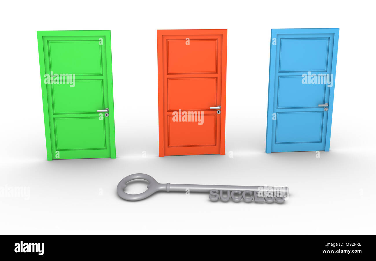 Three closed doors of different color and a key of success Stock Photo ...