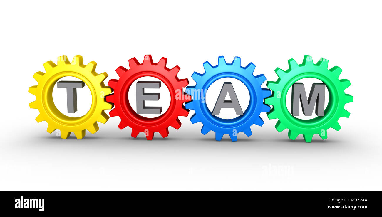 Four different colored cogwheels are connected and the word TEAM inside ...