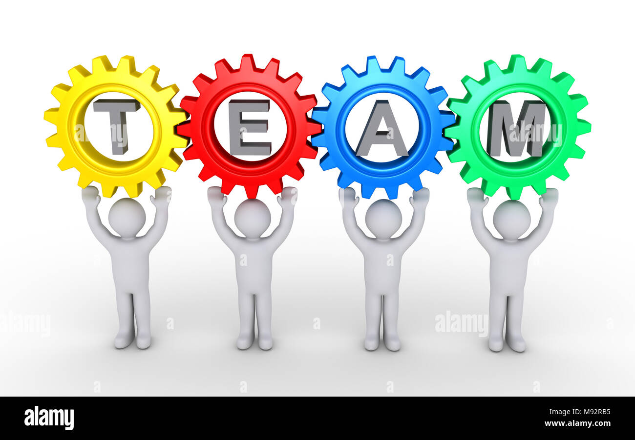 Four cogwheels are connected over four people and the word TEAM inside ...
