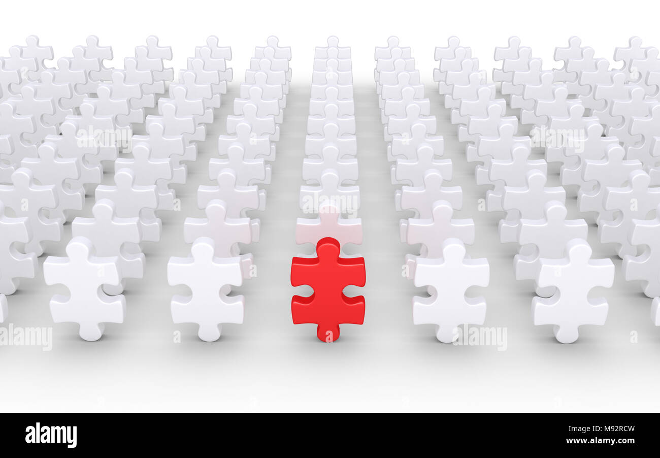 Many puzzle pieces in rows and one different is in front Stock Photo ...