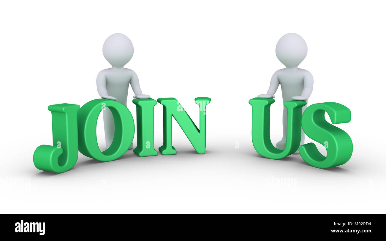 Two people are leaning on JOIN US letters Stock Photo - Alamy