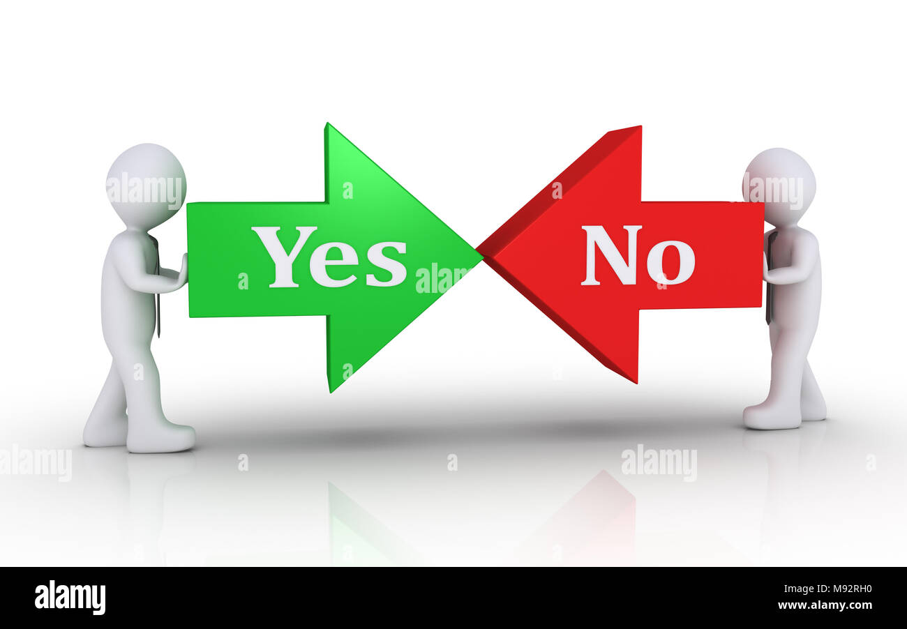 Two businessmen are pushing arrows on opposite direction with the Yes ...