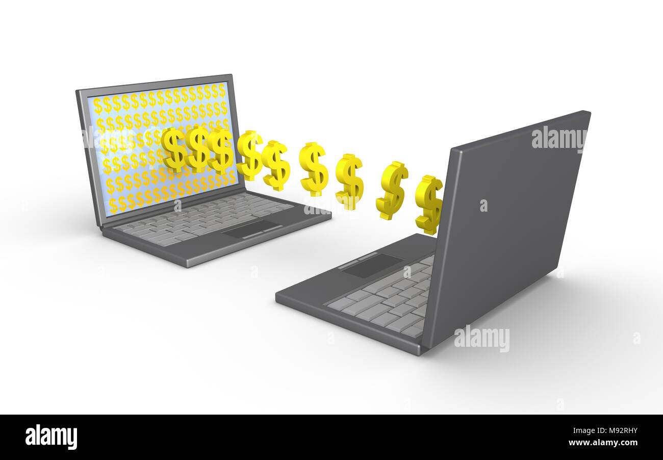 Two laptops and dollar symbols are going from one screen to the other ...