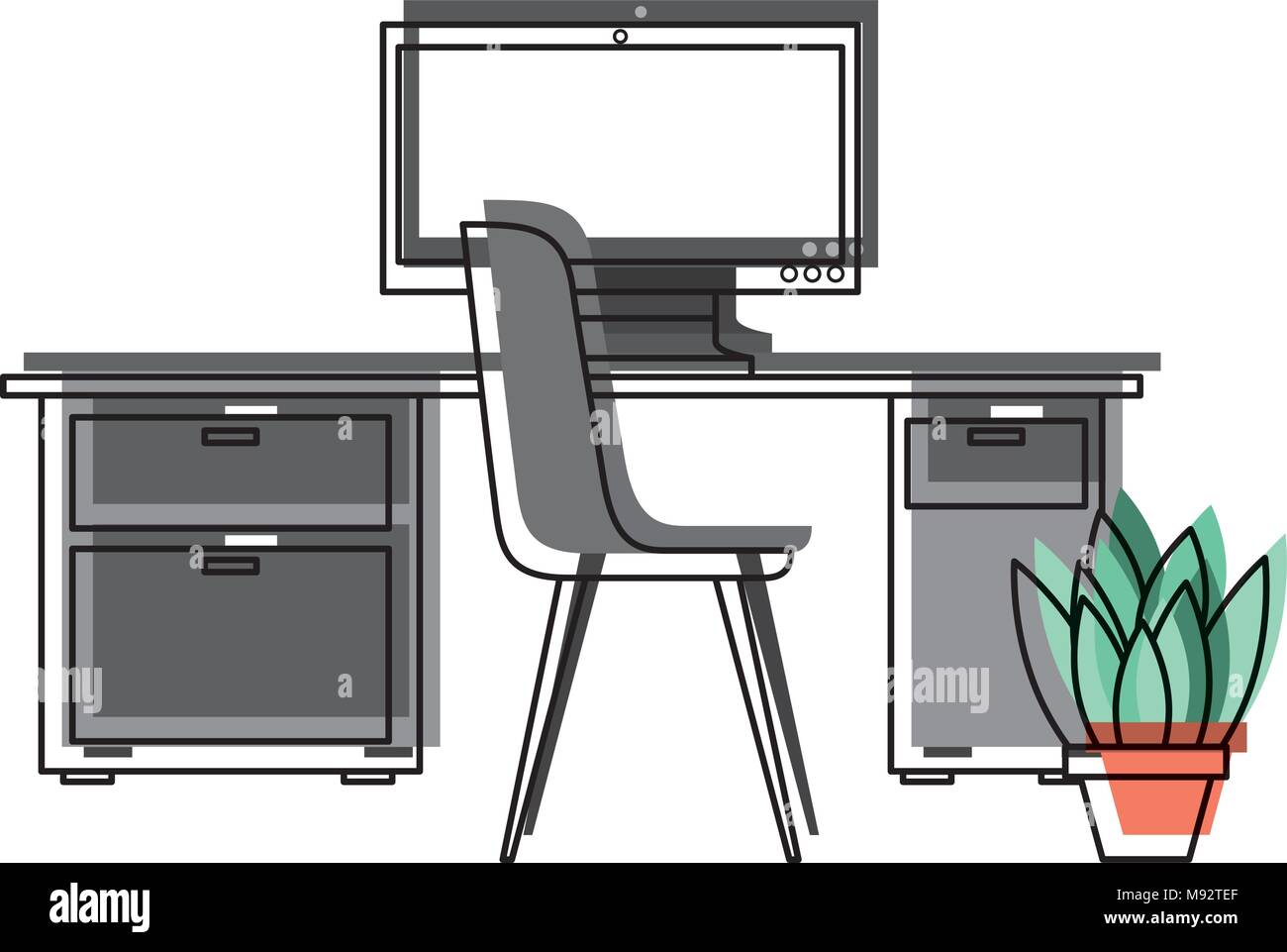 workspace office desk computer chair potted plant Stock Vector Image ...