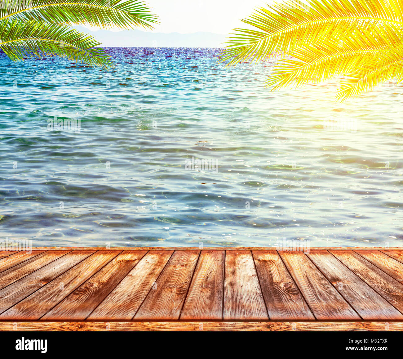 Wooden bench platform timber with sky Stock Photo - Alamy
