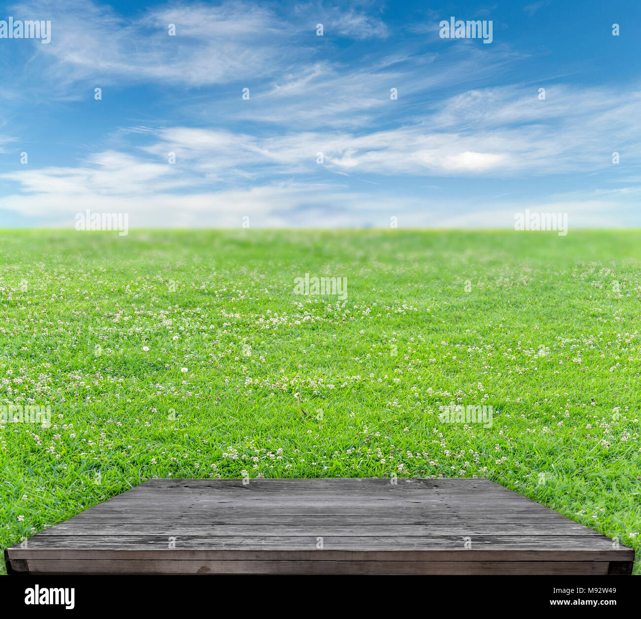 Wooden table and green park Stock Photo - Alamy