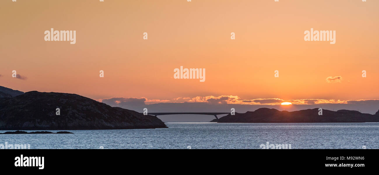 Sunrise over Isle of Scalpay Bridge from Tarbert on the Isle of Harris ...