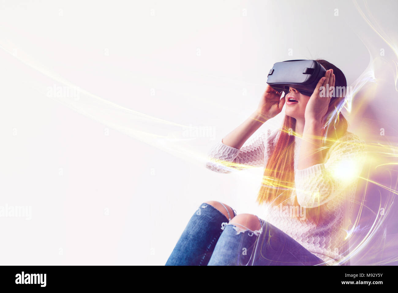 Woman with glasses of virtual reality. Future technology concept ...