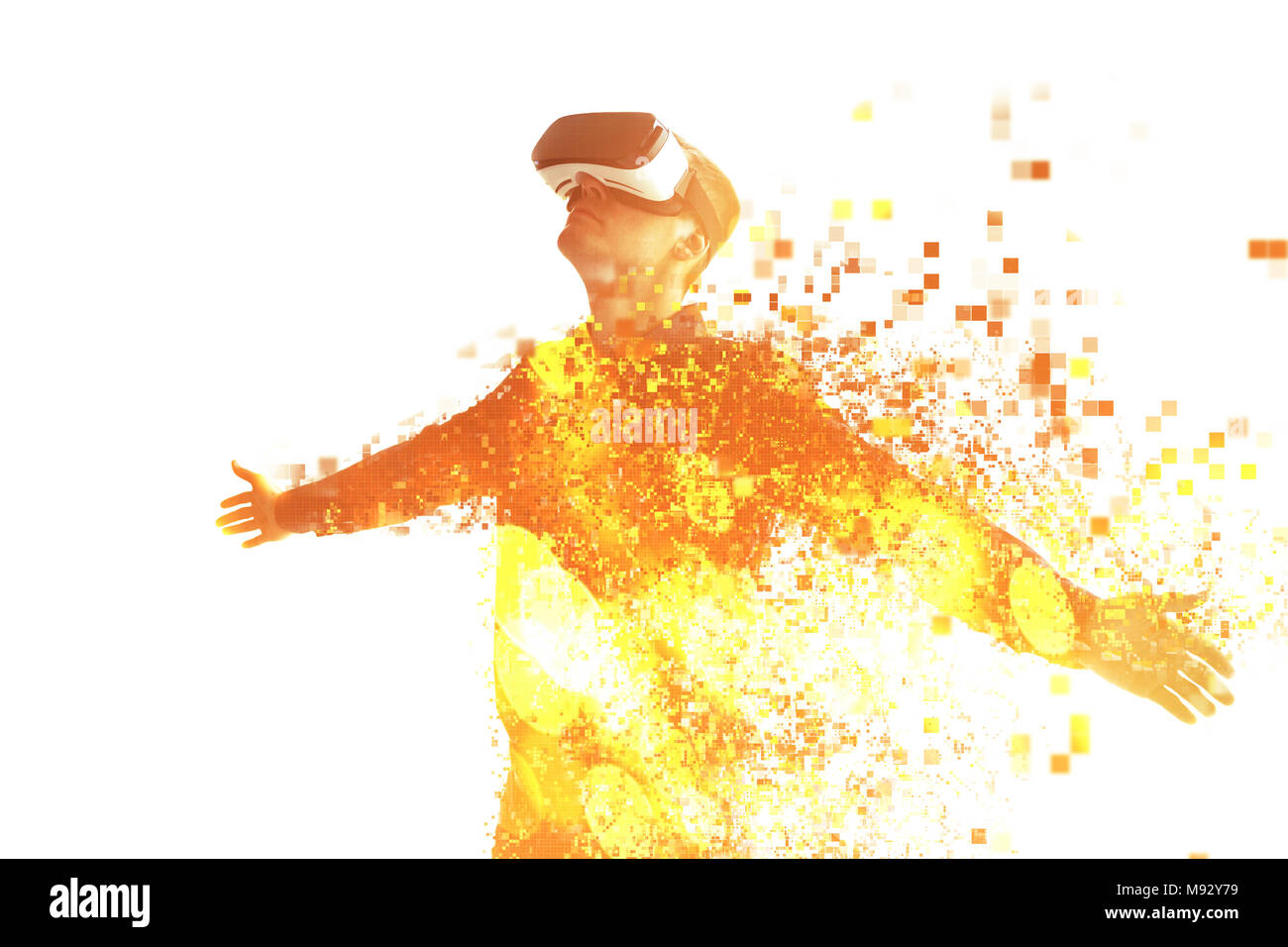 A person in virtual glasses flies to pixels. The man with glasses of ...
