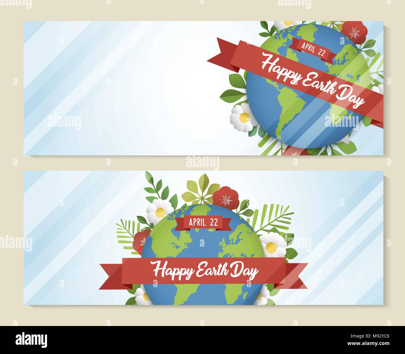 Happy Earth Day web banner set of green planet with leaves, flowers and ...
