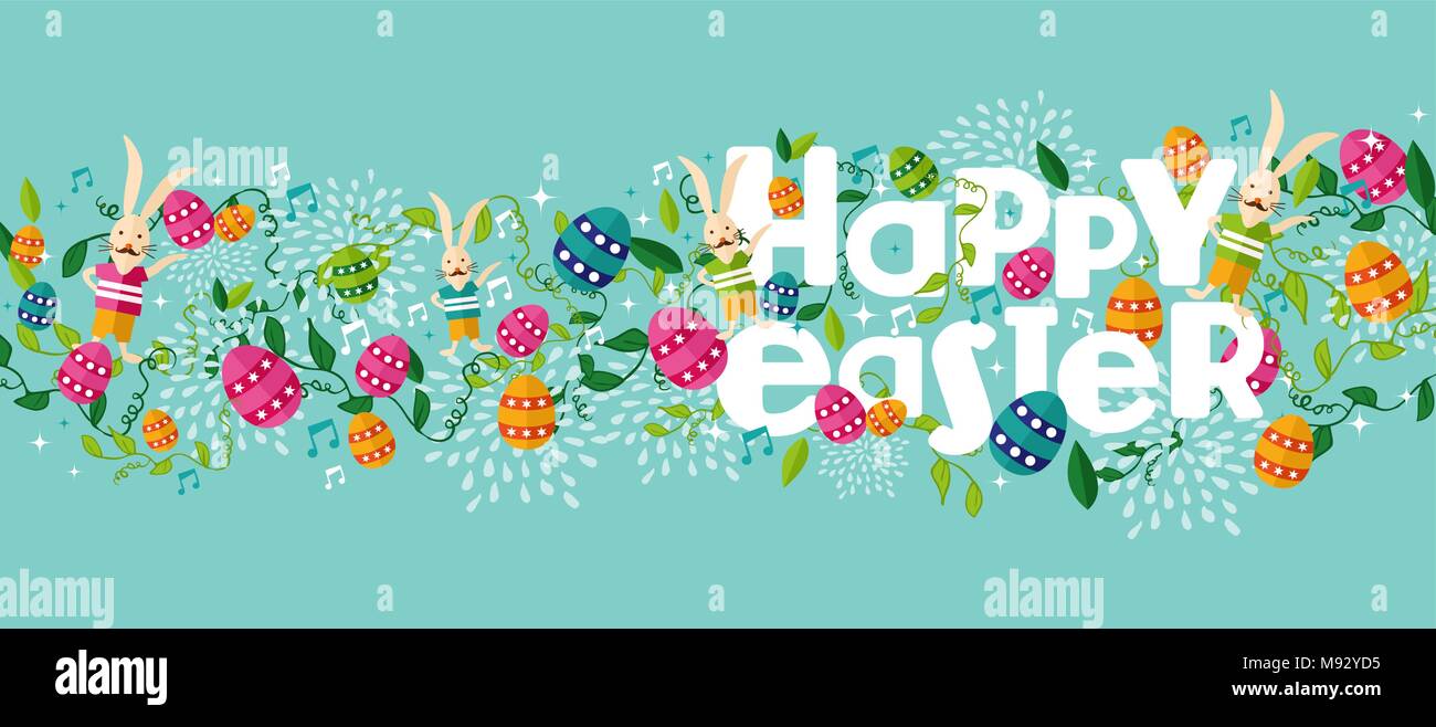 Happy Easter holiday illustration with eggs, rabbit and spring ...