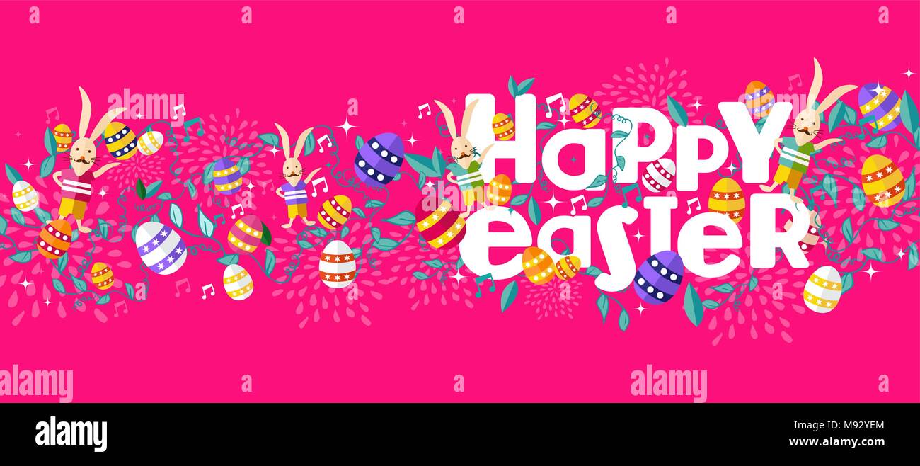 Happy Easter colorful holiday illustration with eggs, rabbit and spring ...