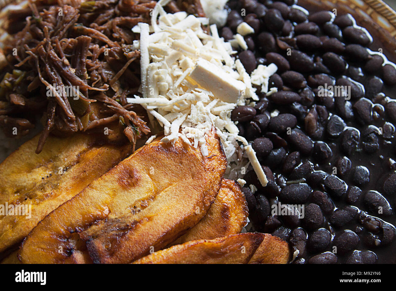 Traditional Venezuelan dish Pabellon Criollo. White rice,Shredded Beef ...