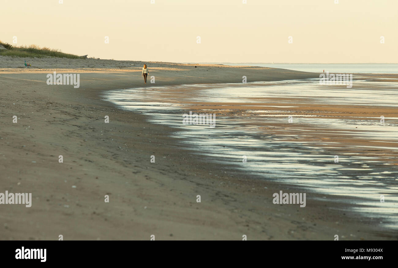 Woman alone walking shoreline of Plum Island, MA. P.I. is a barrier ...