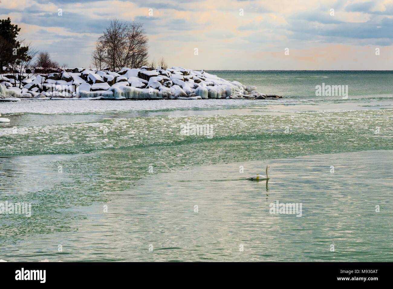 Winter Landscape Scene showing white snow along icy water lake coastal ...