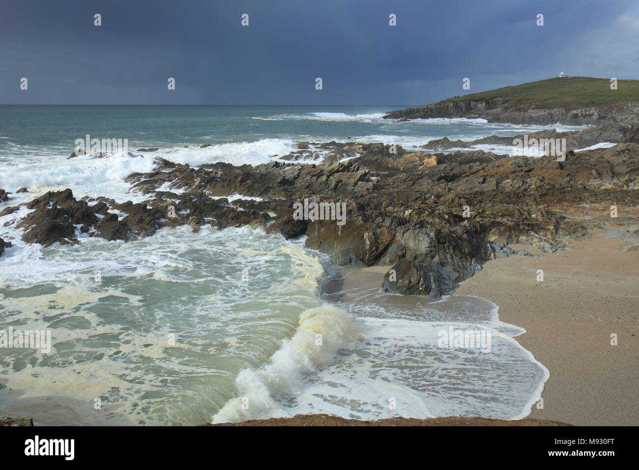 Early spring view across Little Fistral to Towan head, Newquay, North ...