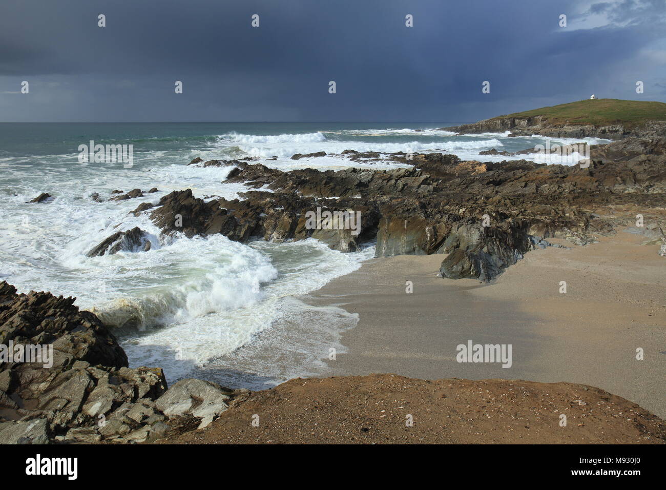 Early spring view across Little Fistral to Towan head, Newquay, North ...