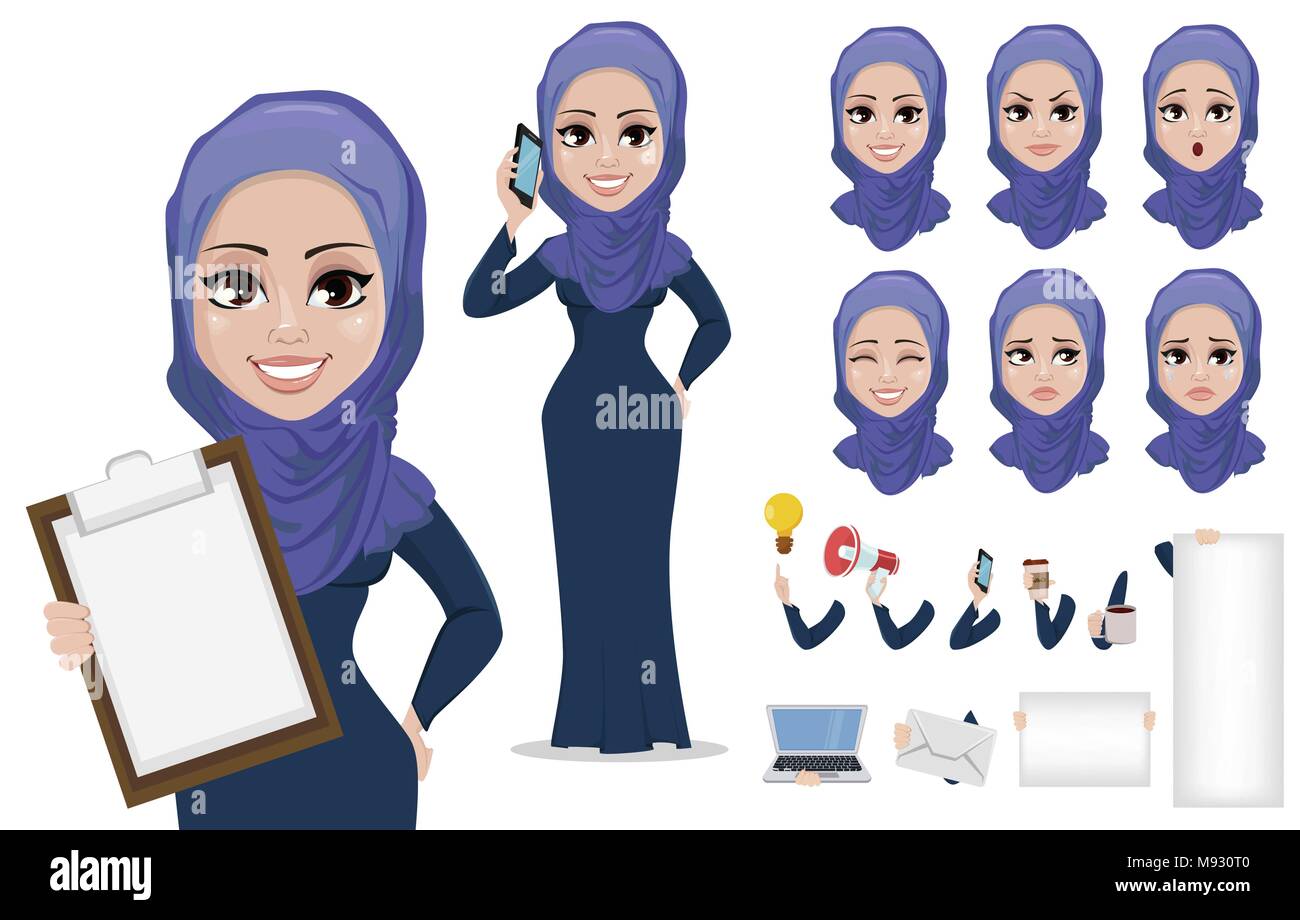 Arabic business woman cartoon character creation set. Young beautiful ...