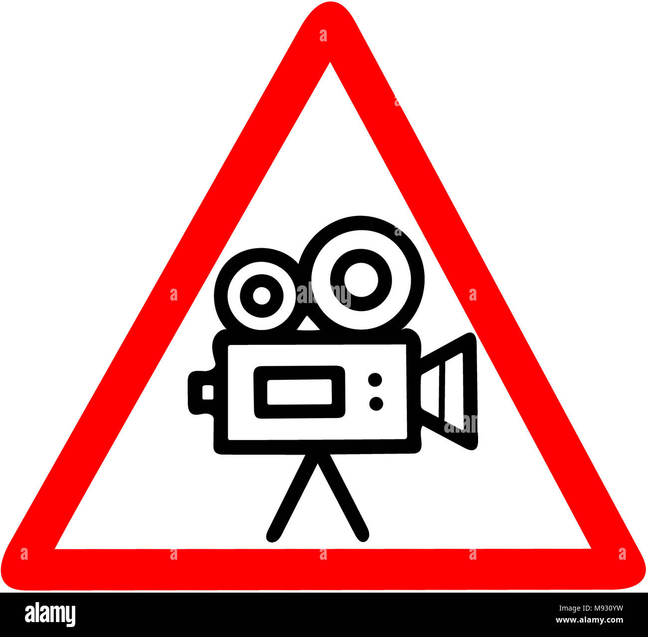 Film set warning red triangular road caution sign isolated on white ...