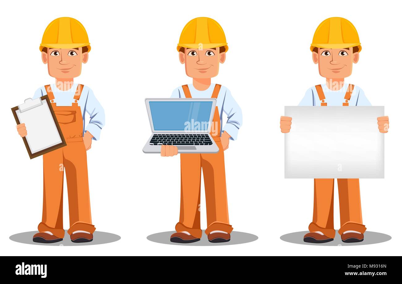 Handsome builder in uniform, cartoon character set. Professional ...