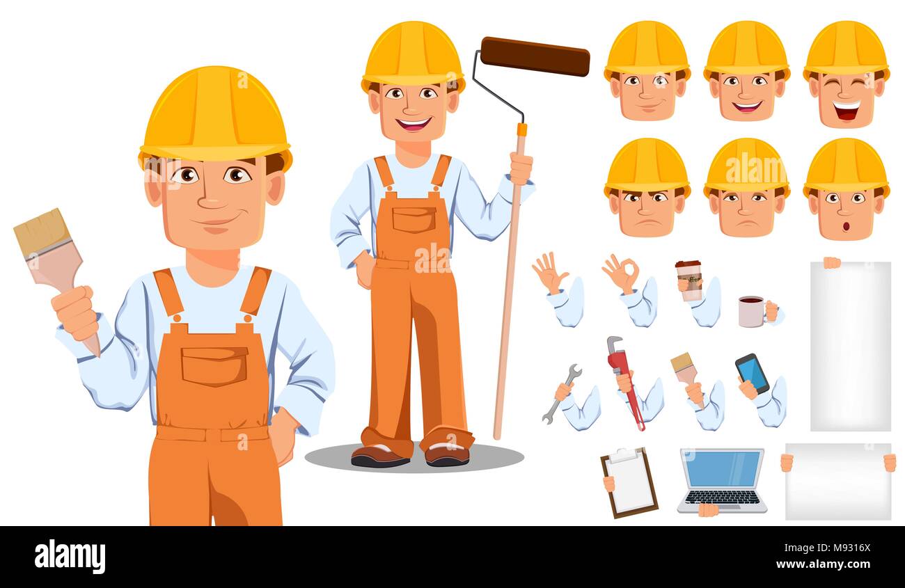 Handsome builder in uniform cartoon character creation set ...