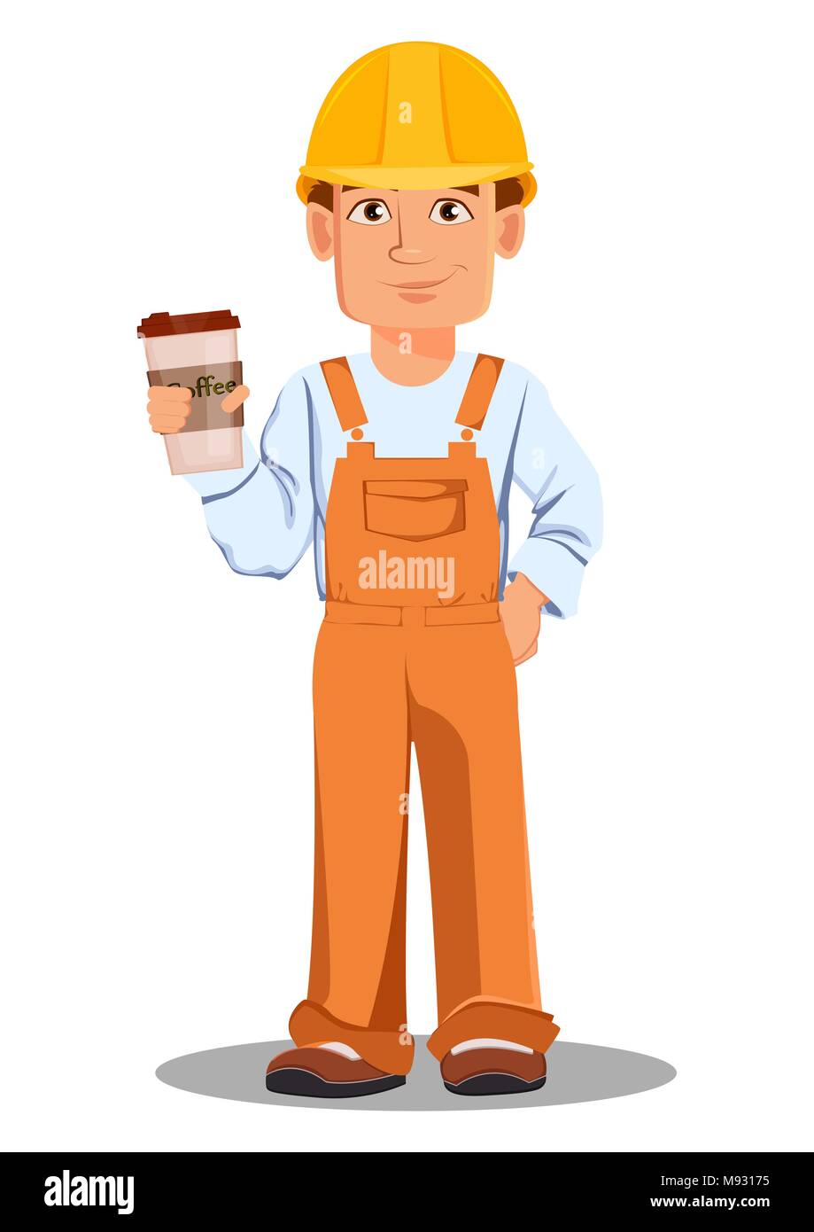 Handsome builder in uniform, cartoon character. Professional ...