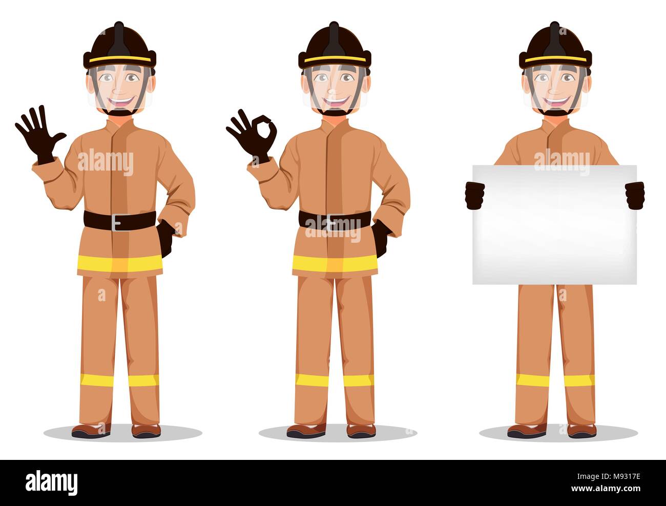 Firefighter in professional uniform and safe helmet, set. Fireman ...