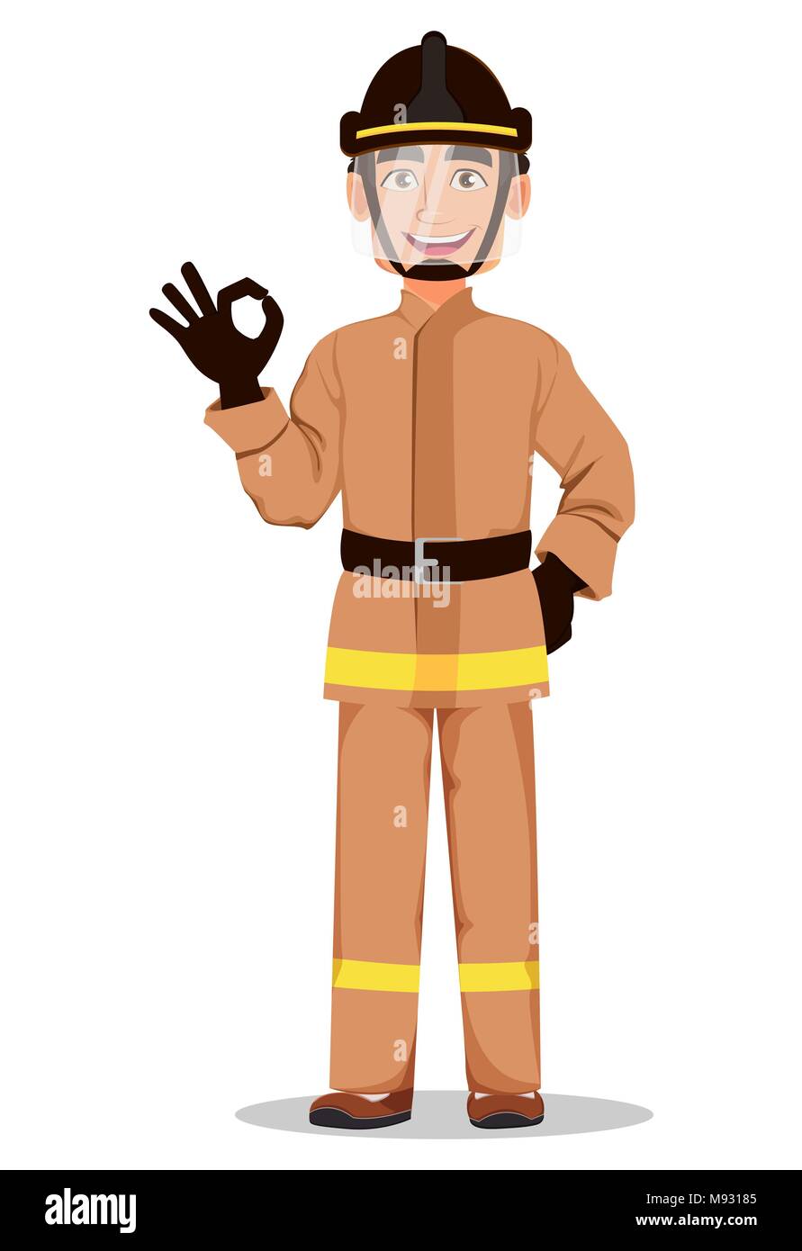 Firefighter in professional uniform and safe helmet. Fireman cartoon ...