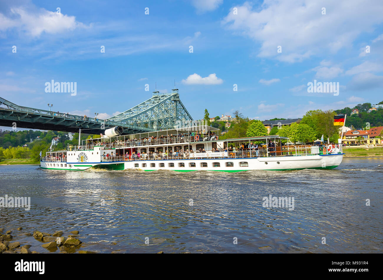 The historic paddle steamer PD LEIPZIG passes under the Blue Wonder ...