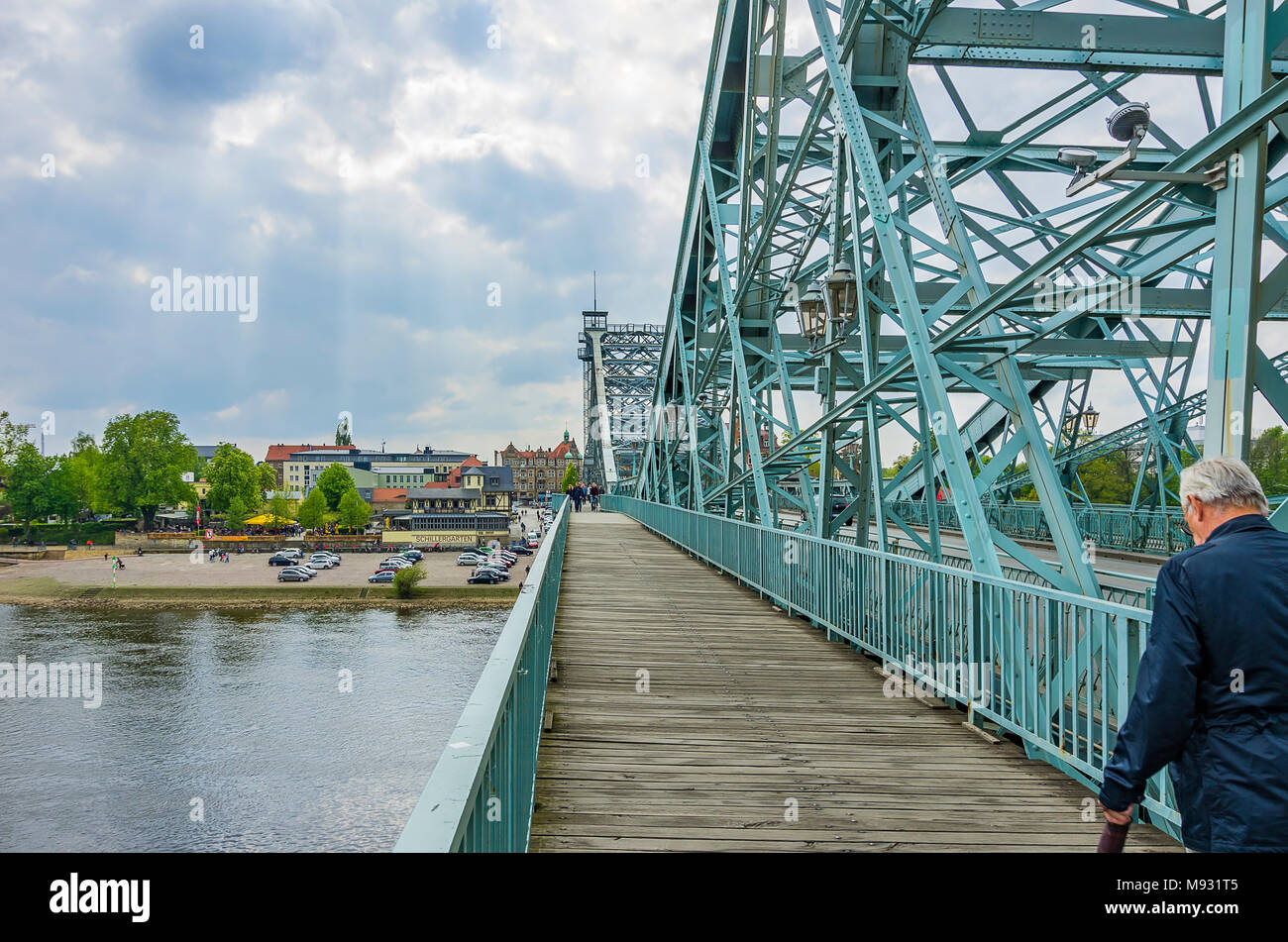 On the Blue Wonder Bridge with view of the district Blasewitz, Dresden ...