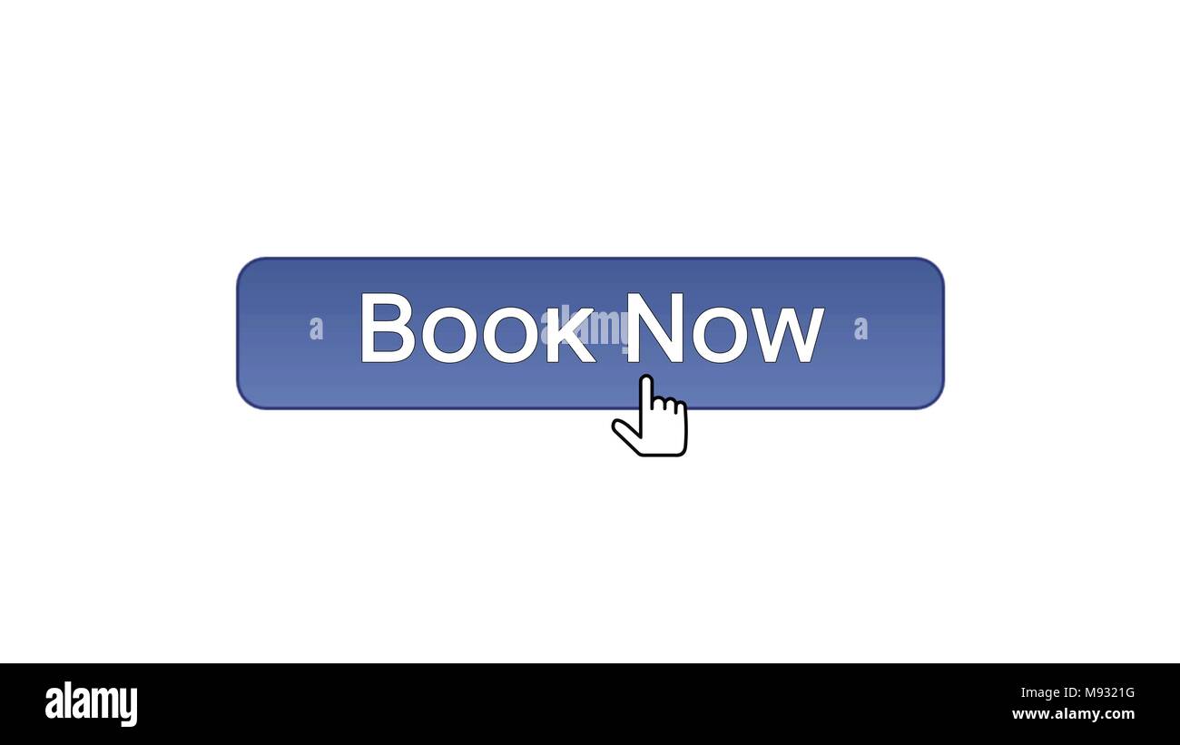 Book now web interface button clicked mouse cursor, violet color, reservation Stock Photo - Alamy