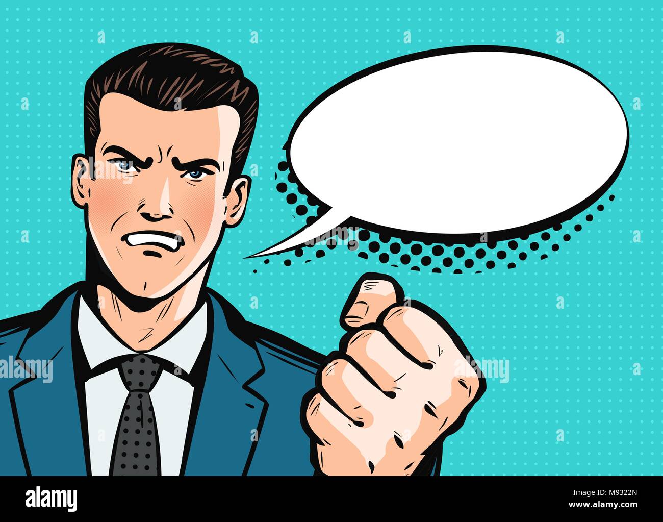 Aggressive businessman or man in business suit threatens with fist. Pop ...