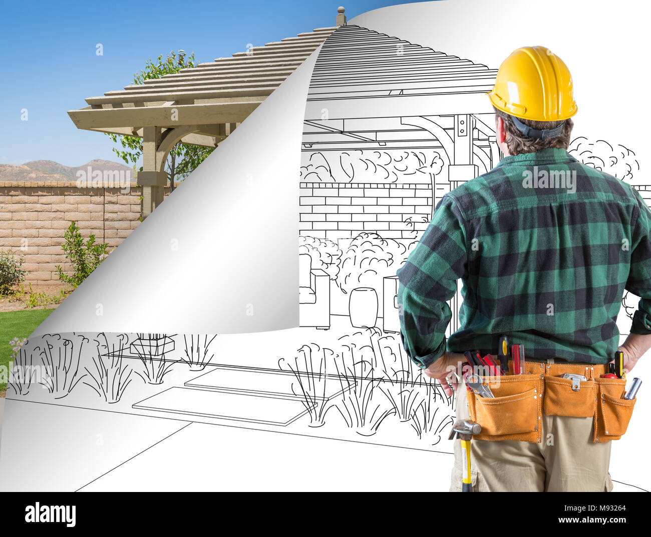 Contractor Facing Pergola Drawing with Page Flipping to Completed Photo ...
