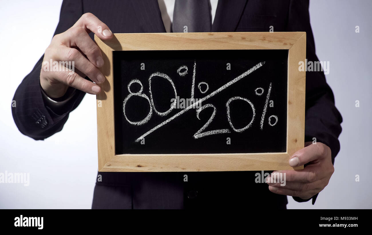 80 to 20 percent written on blackboard, man holding sign, Pareto ...