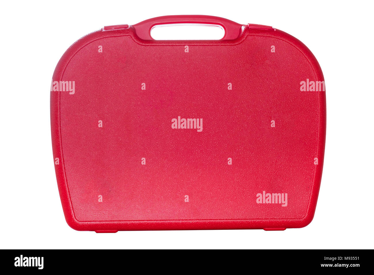 Fragment of a red plastic safety box suitcase, isolated on white ...