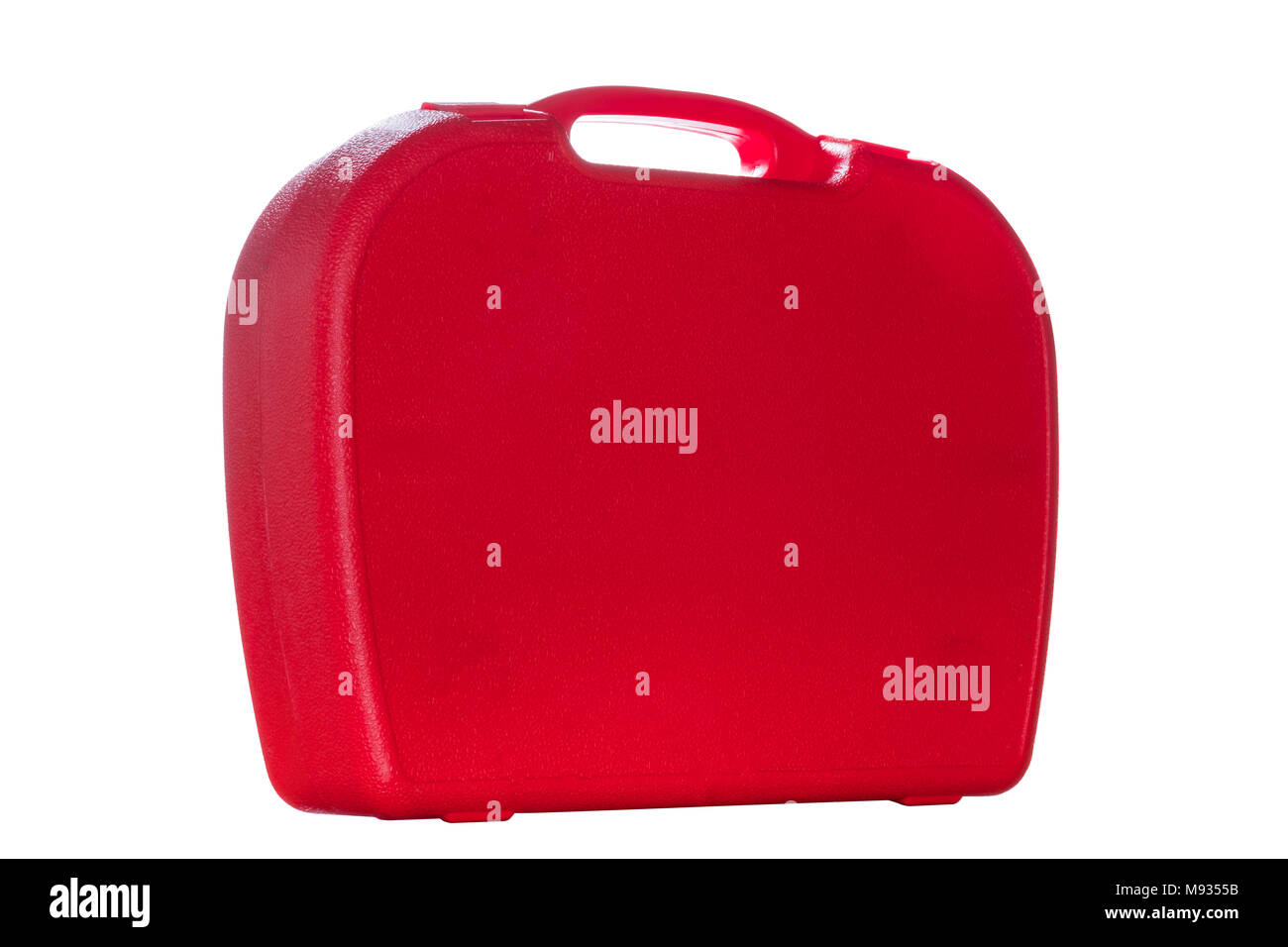 Fragment of a red plastic safety box suitcase, isolated on white ...