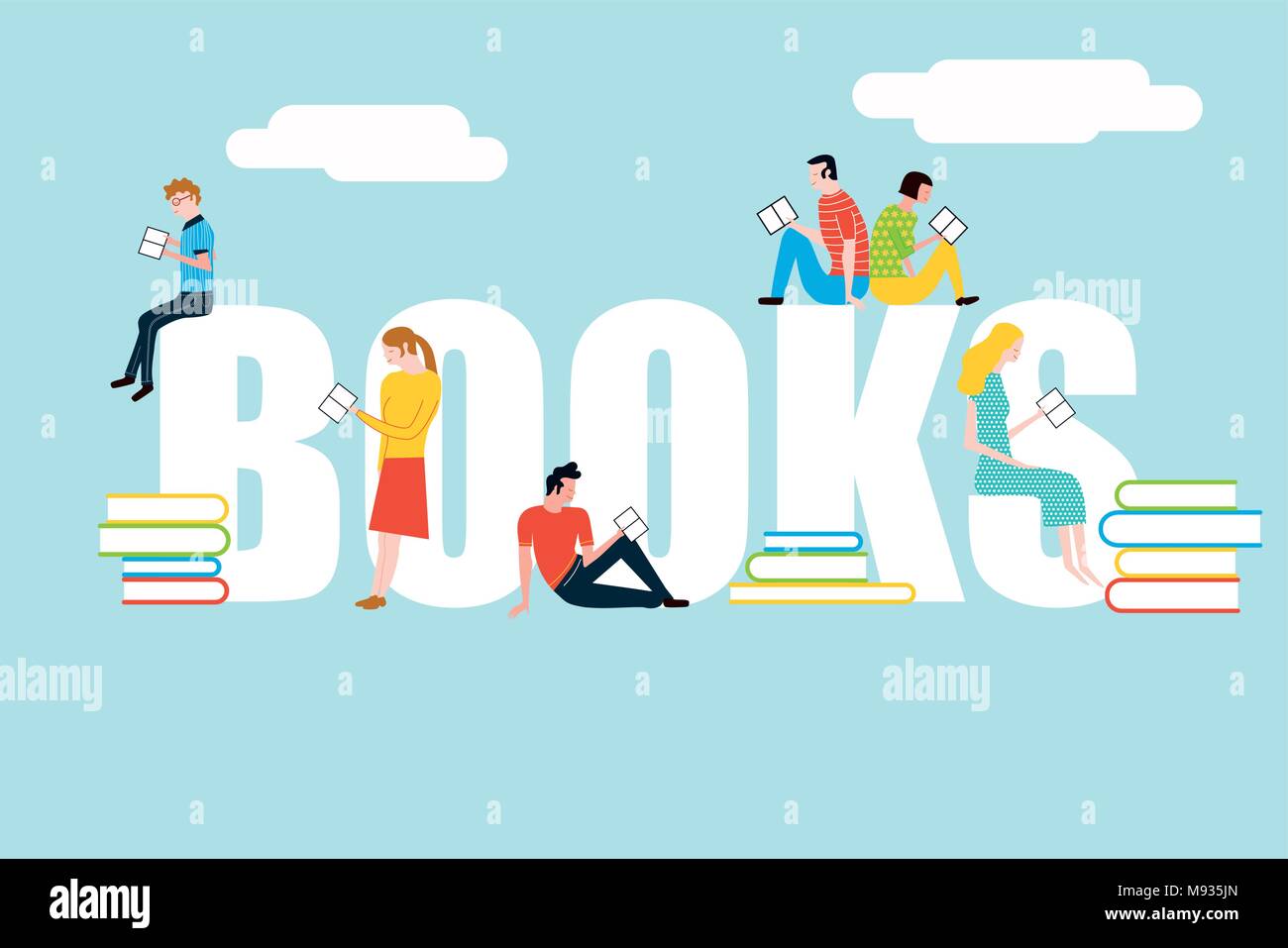 Happy people reading on books text - vector colorful illustration ...