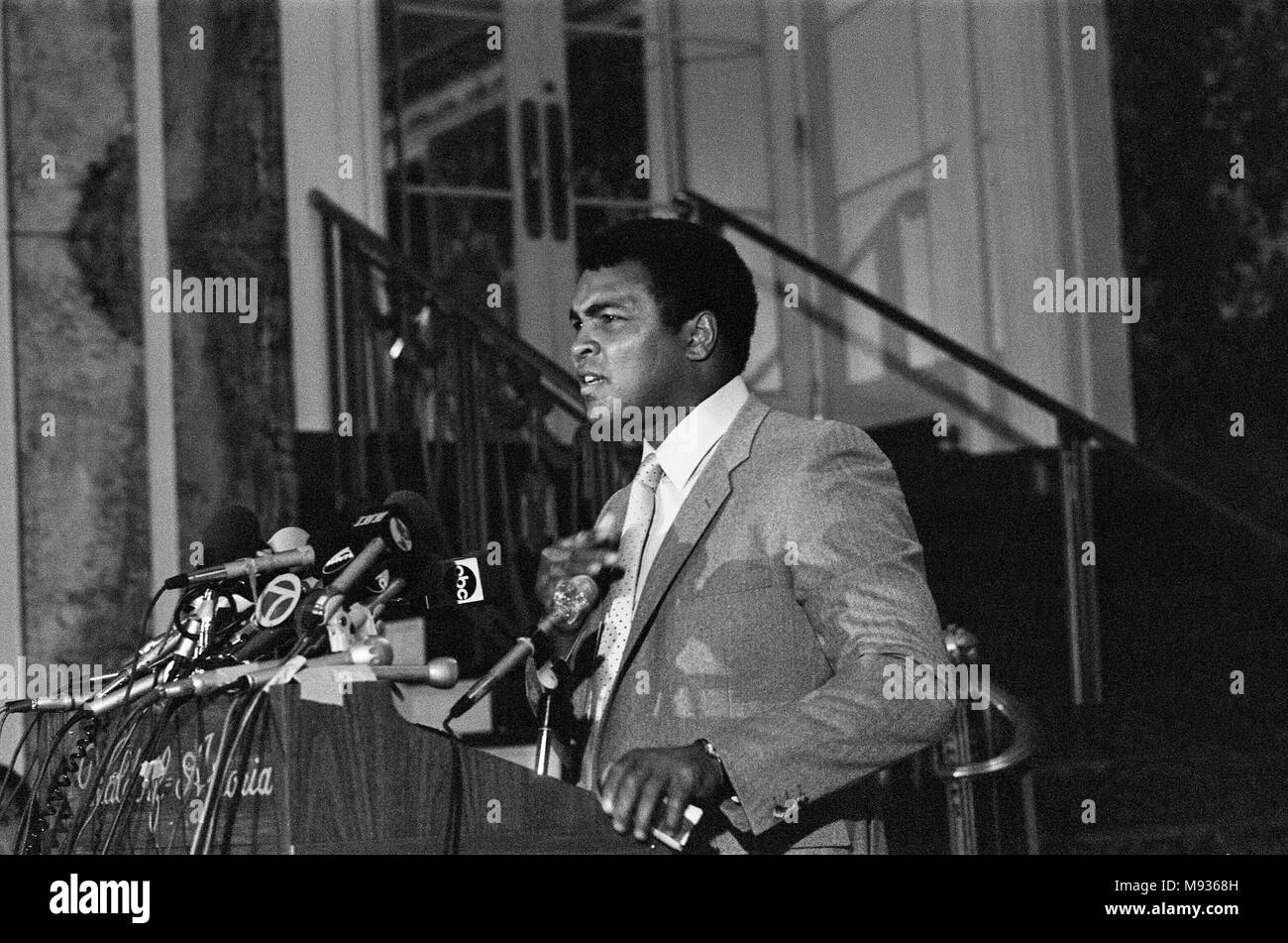 Muhammad Ali speaking at a press conference ahead of his upcoming fight ...
