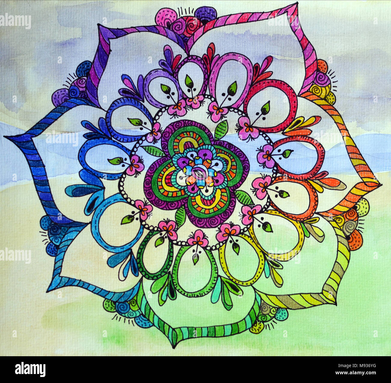 Abstract festive colorful mandala ethnic tribal pattern on watercolor ...