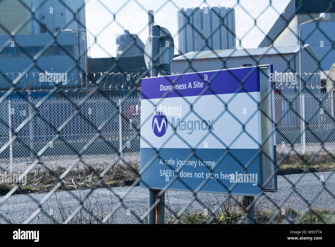 Signage outside Dungeness A - a nuclear power station on the Kent coast ...