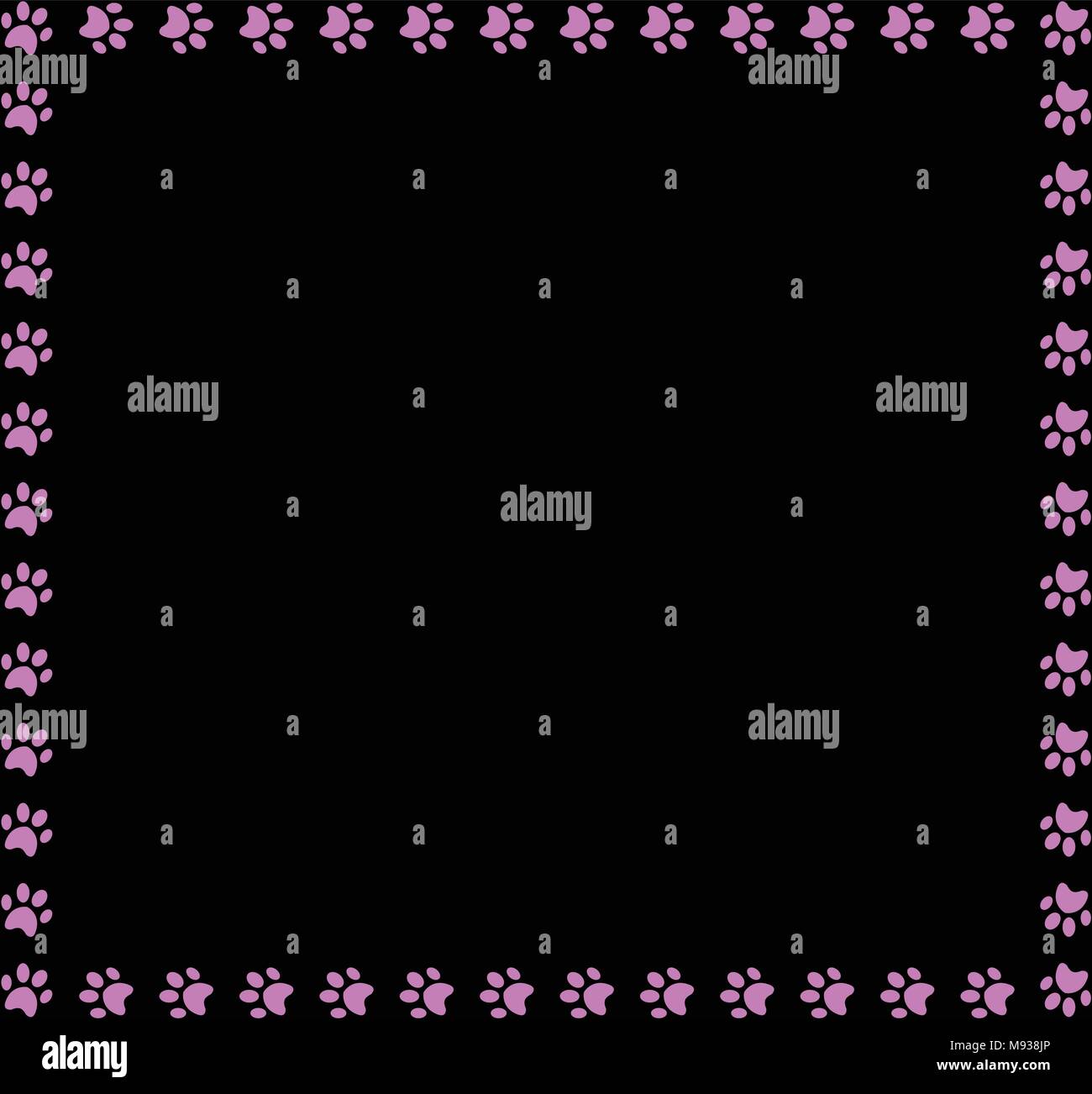 Square frame made of pink animal paw prints on black background. Vector ...