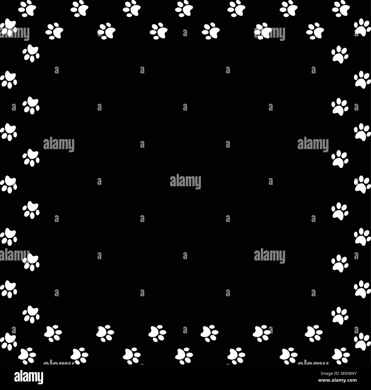 Square frame made of white animal paw prints on black background ...