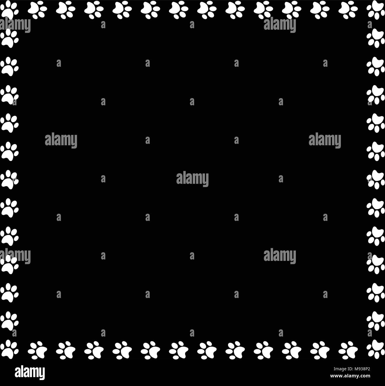Square frame made of white animal paw prints on black background ...