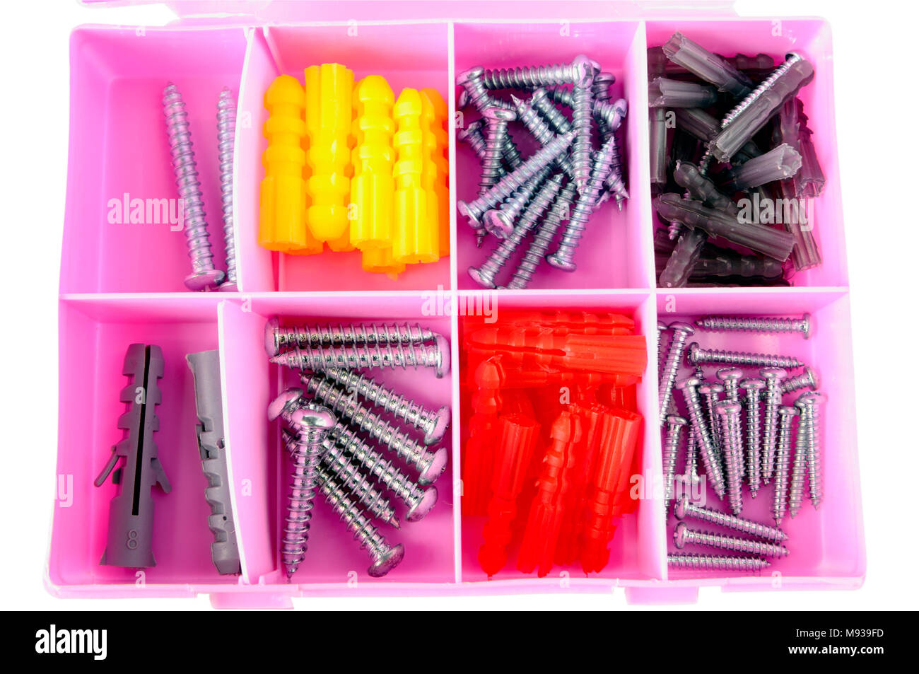 Pink box with screws and dowels isolated on white Stock Photo - Alamy