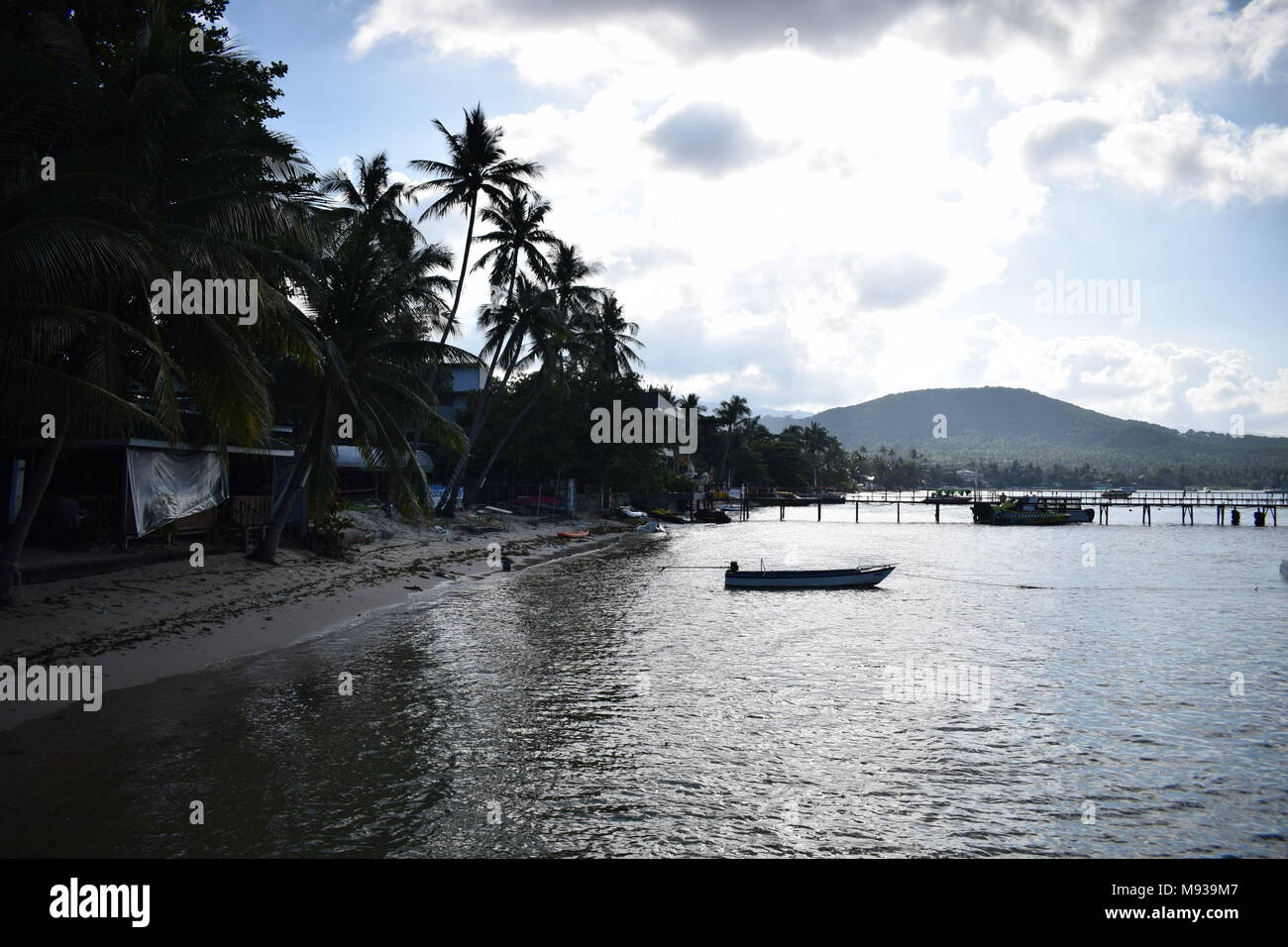 Beach of Bophut on the island of Koh Samui in Thailand with many palm ...