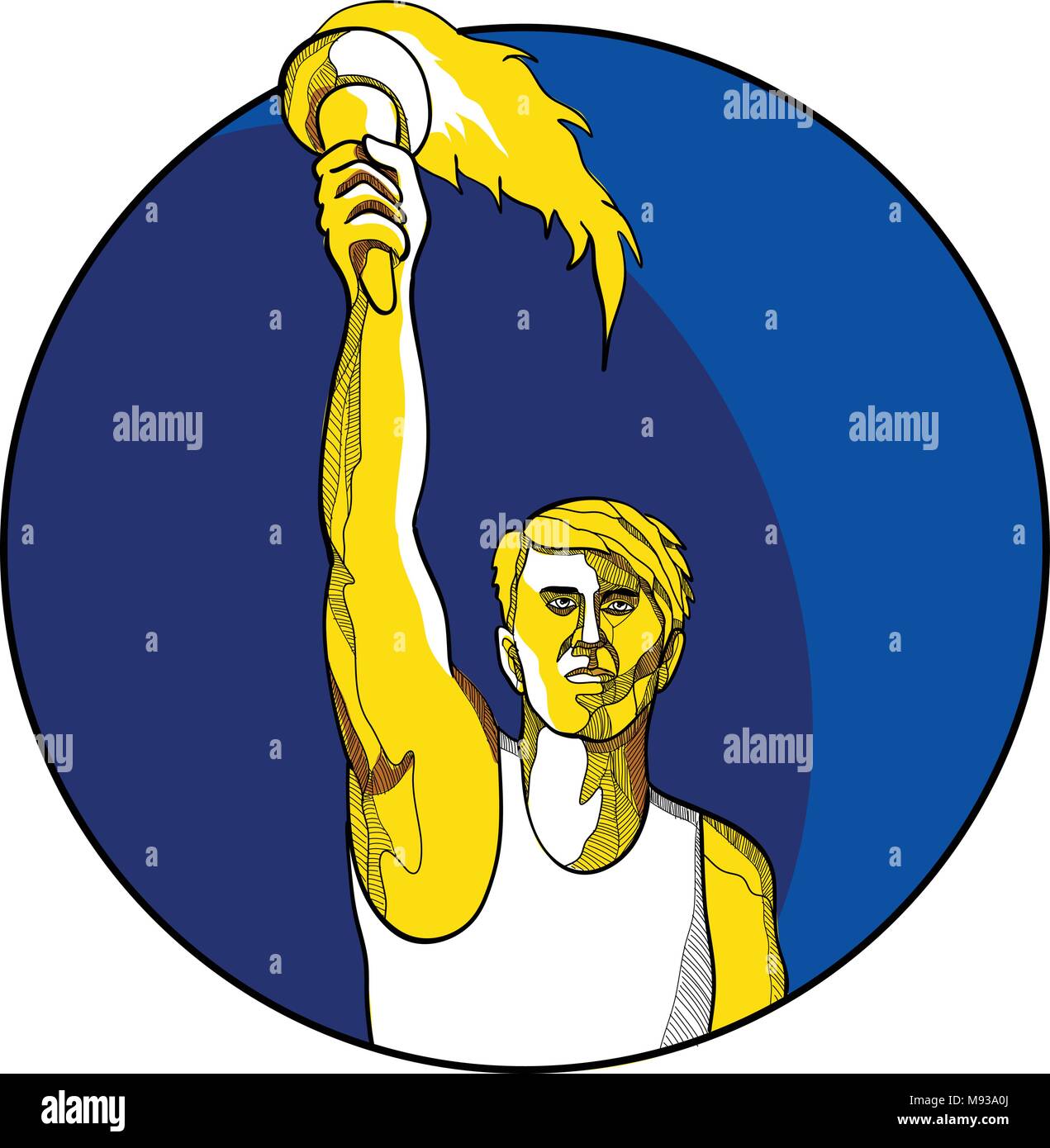 Drawing sketch style illustration of a track and field athlete raising ...